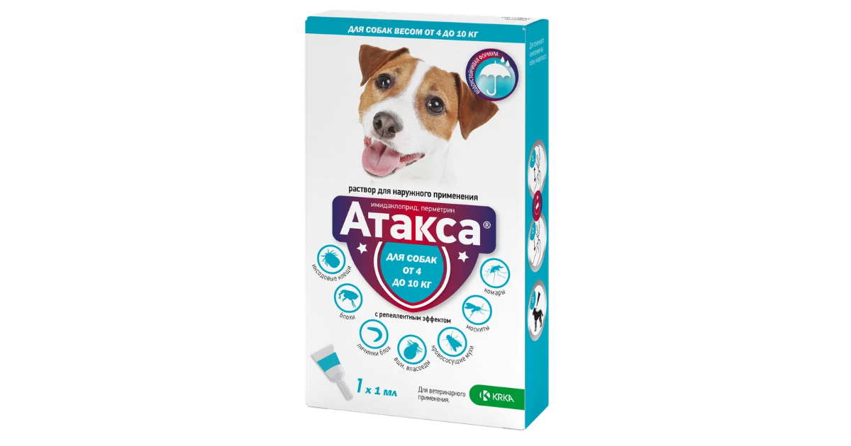 Атакса капли от клещей и блох для собак весом от 4 до 10 кг, 1 пипетка ...
